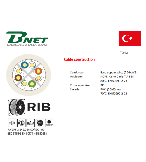 BNET U/UTP CAT6 4PR 24AWG PVC CABLE BLUE 305M REEL IN BOX MADE IN TURKEY